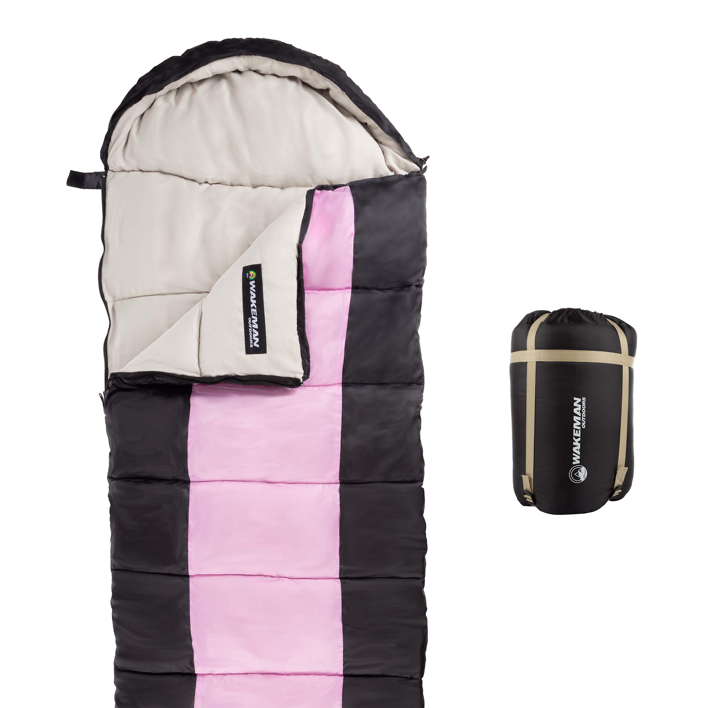 Sleeping Bag – 35F Rated 3 Season Envelope Style with Hood for Outdoor Camping, Backpacking and Hiking with Carry Bag by Wakeman Outdoors (Pink/Black)