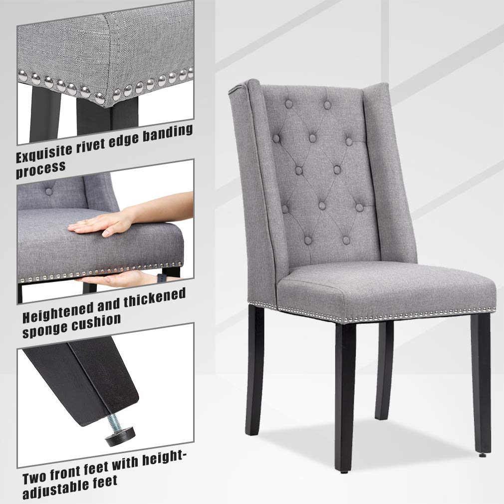 Vnewone Wooden Armless Accent Solid Wood Legs Button Tufted Parsons Diner Chair Upholstered Fabric Nailhead Trim for Restaurant Home Kitchen Living Room, Set of 2, Grey