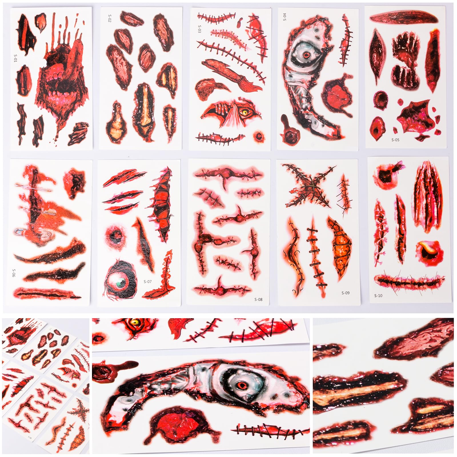 YOSENG Horror Realistic Fake Bloody Wound Stitch Scar Scab Waterproof Temporary Tattoo Sticker Halloween Masquerade Prank Makeup Props for face,body-10PC(YS-10)