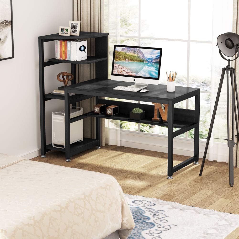 Tribesigns Computer Desk with 4-Tier Storage Shelves, 58 inch Large Modern Office Desk Study Writing Table Workstation with Bookshelf for Home Office(Black)
