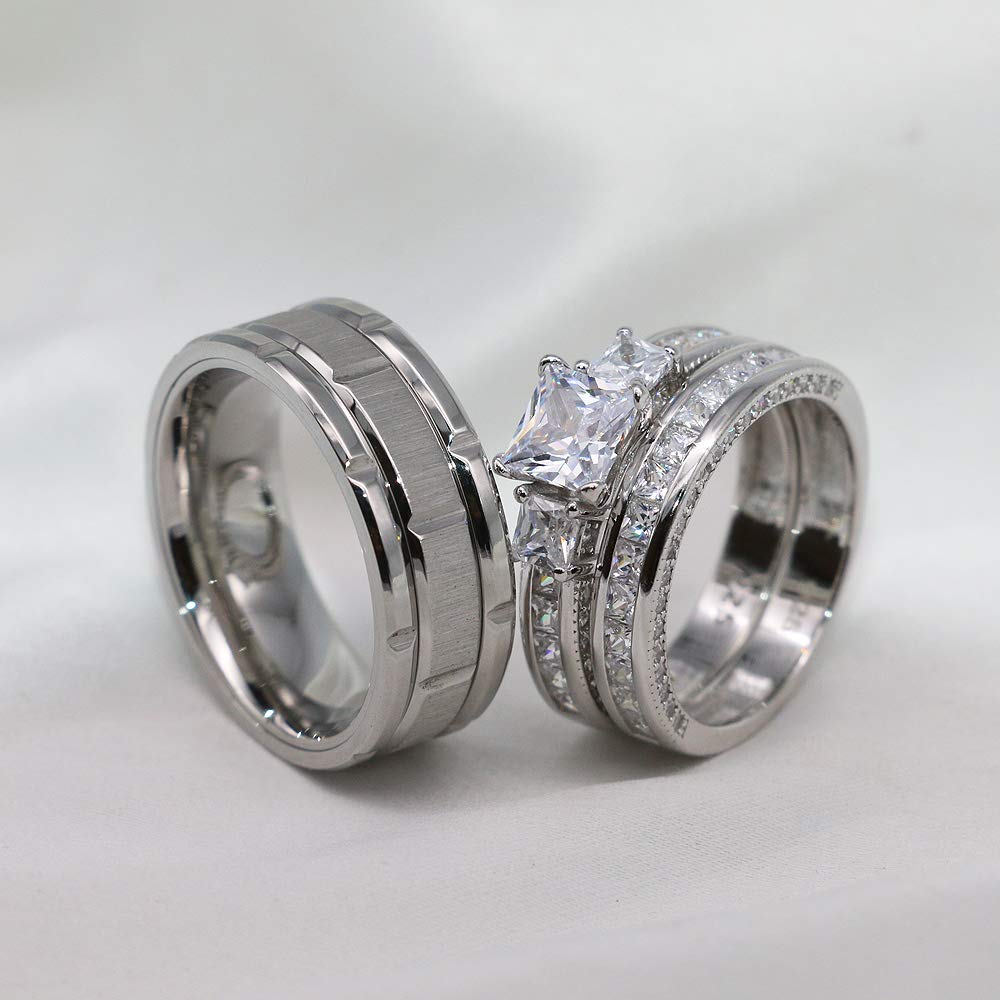 TWO RINGS Wedding Ring Sets His And Hers Promise Ring Couples Bridal Sets Women 925 Sterling Silver square Cz Man Stainless Steel Brushed Finished Wedding Bands