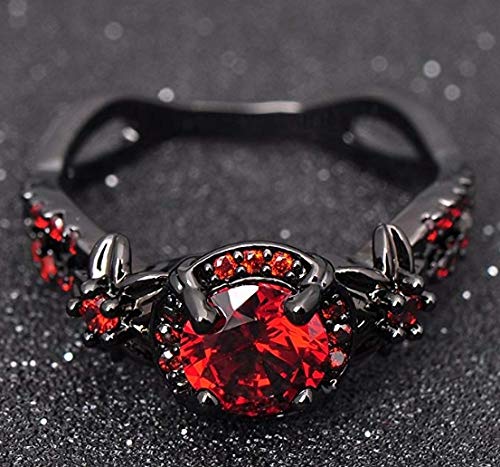 Womens Green Stone Round Lab Stone Engagement Wedding Best Friend Christmas Black Gold Plated Wedding Rings for Her Size 5-11 (Red, 11)