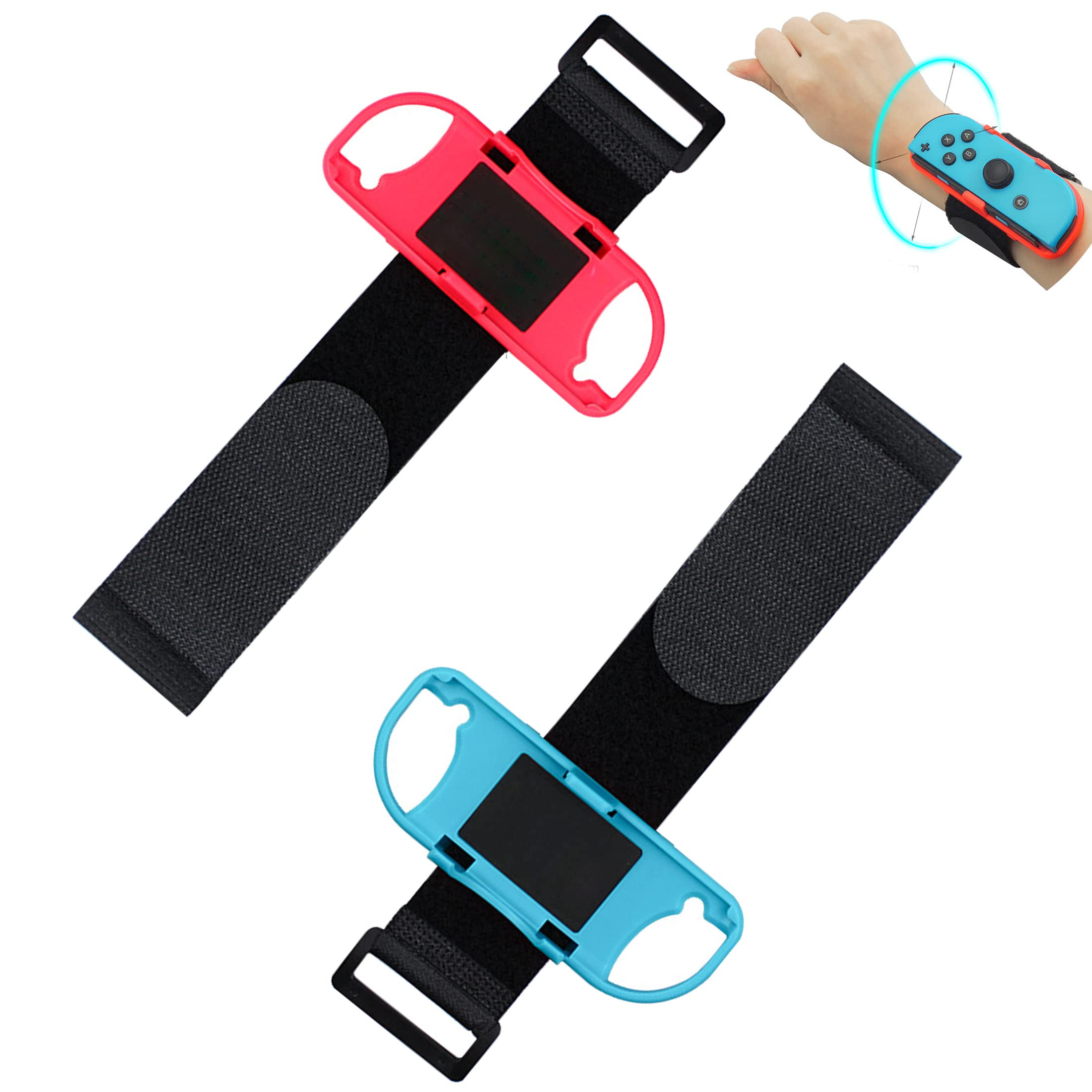 YICHUMY 2 Packs Adjastable Wrist Bands Wrist Strap for Switch Controller Just Dance 2019 /Switch Kinetic Game - Blue and Red with 8X Thumbsticks
