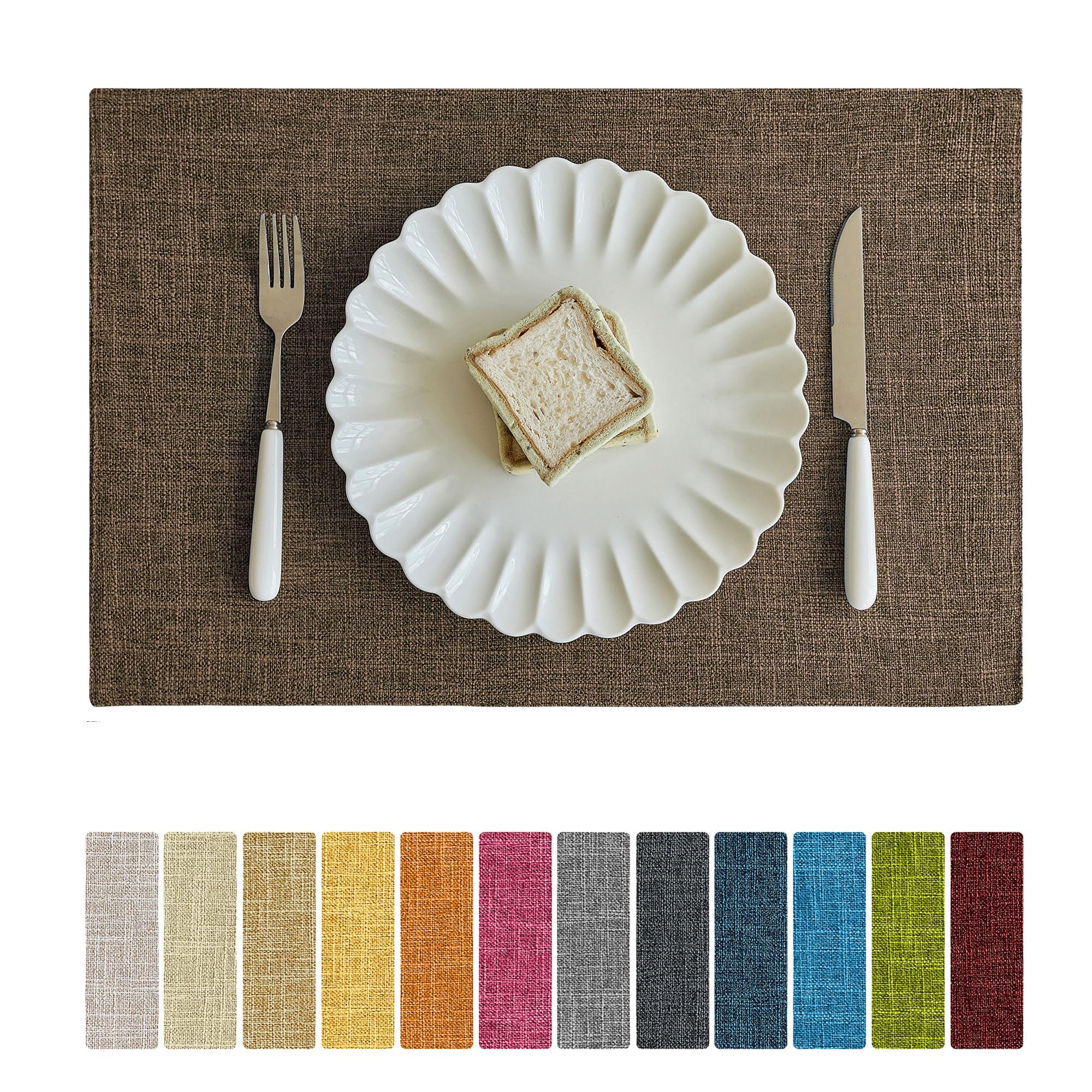 Softalker Faux Linen Placemats Set of 6-12 x 18 Inch, Heat Resistant Double Layered Durable Burlap Farmhouse Place Mats, Non-Slip Washable Rustic Table Mats for Dining, Kitchen, Party(Brown
