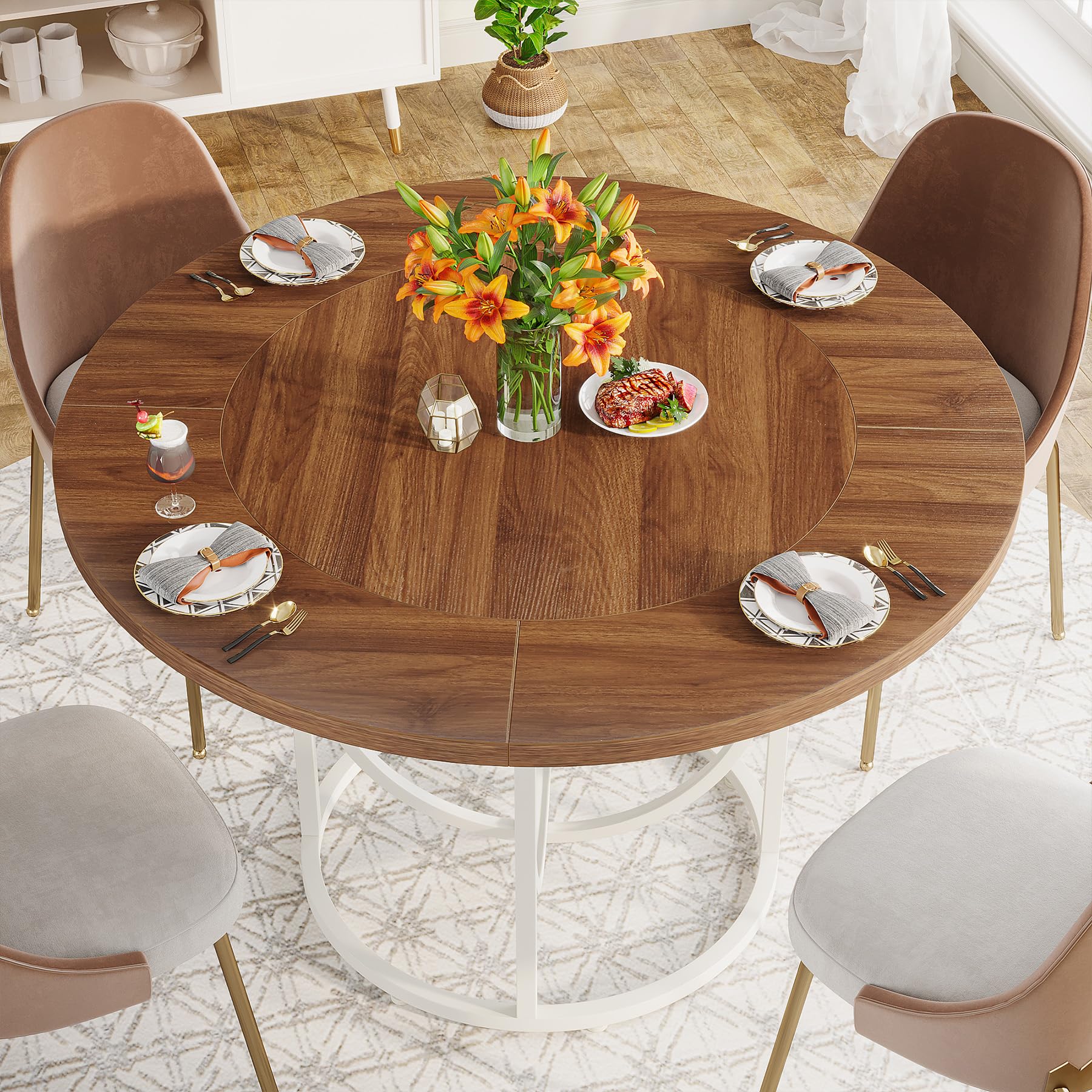 Tribesigns Modern Round Dining Table for 4-6, 47 Inch Brown Kitchen Table with White Base, Wood Dinner Table Coffee Table for Home Dining Room, Kitchen, Living Room, Apartment, Cafe’