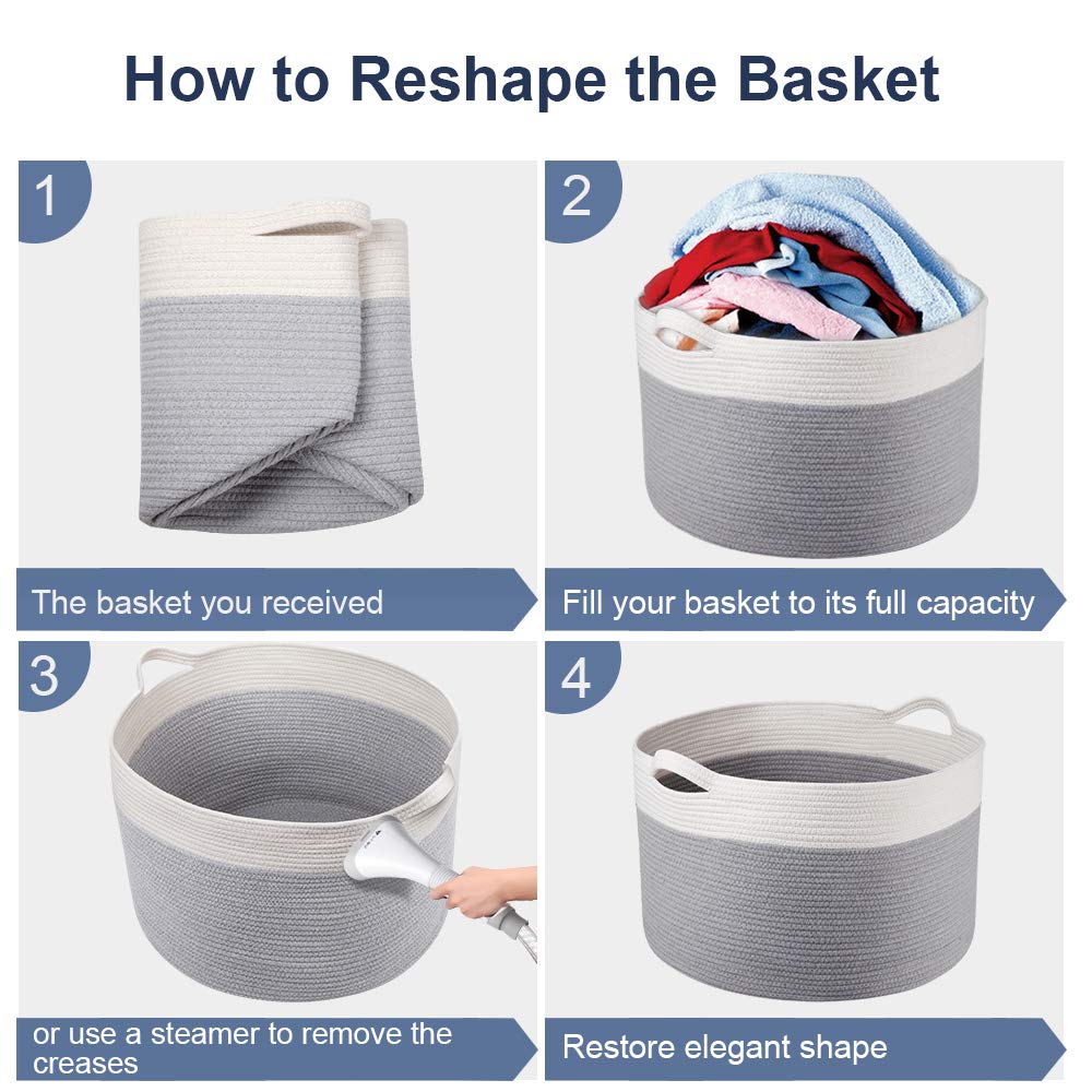 Zilink Large Blanket Basket for Living Room 21.7" x 13.8" Rope Woven Baskets for Storage Decorative Toy Basket for Organizing with Carry Handles, Grey White