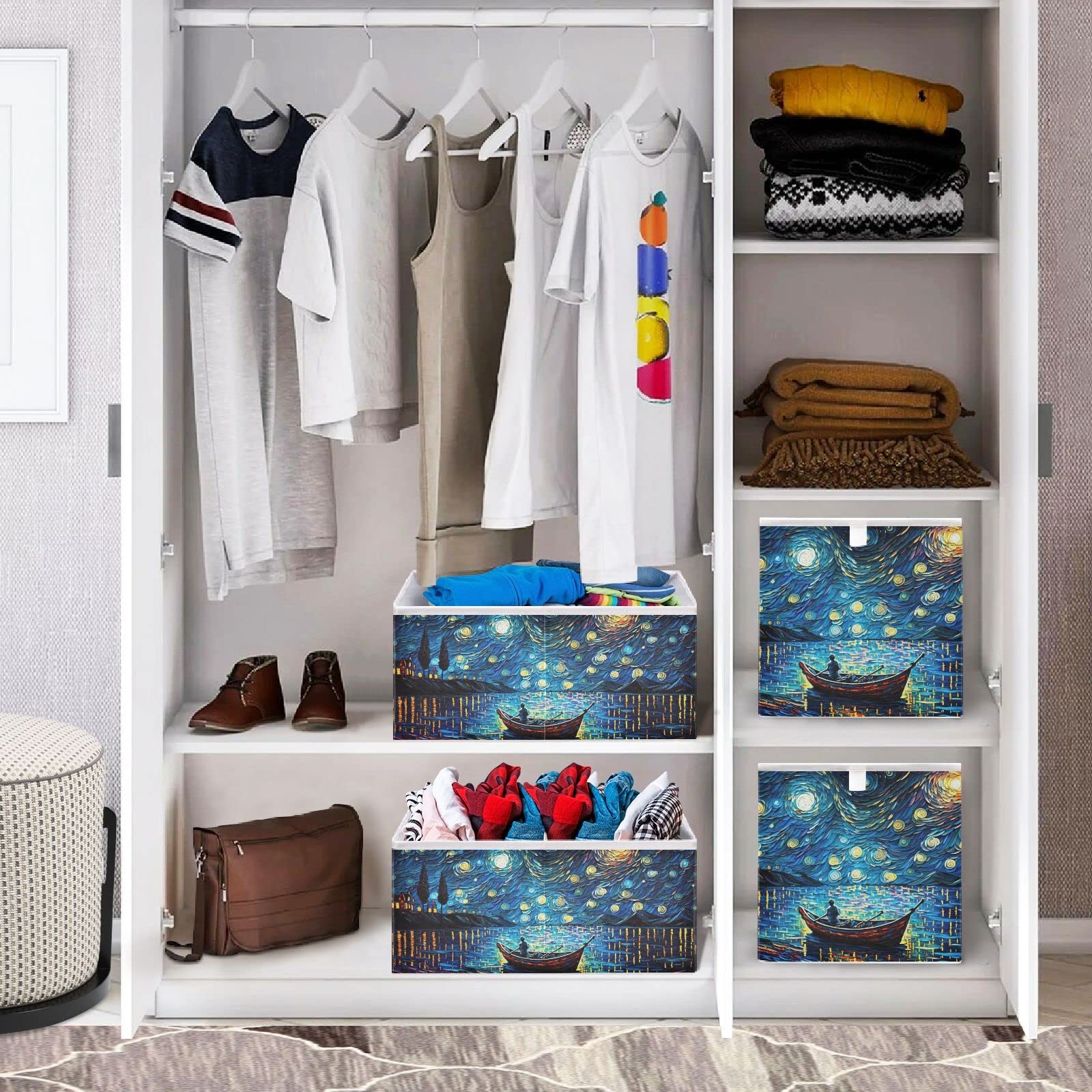 Vnurnrn Van Gogh Night Lake Collapsible Cube Storage Bins, Storage Box with Support Board, Foldable Fabric Baskets for Shelf Closet Cabinet