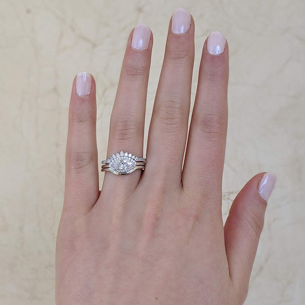 TwoBirch 18k White Gold Microplated East West Marquise Three Ring Bridal Set with Plain Contour Band and Tiara Prong Style Curved Ring (925 Silver, Size 7)