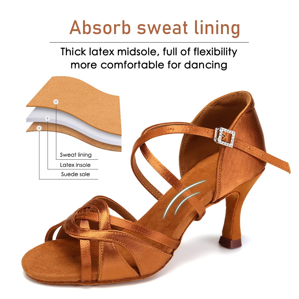 VCIXXVCE Women's Professional Latin Dance Shoes Tan Open Toe Ballroom Salsa Practice Performance Dance Shoes 3 Inch Heel,7 US