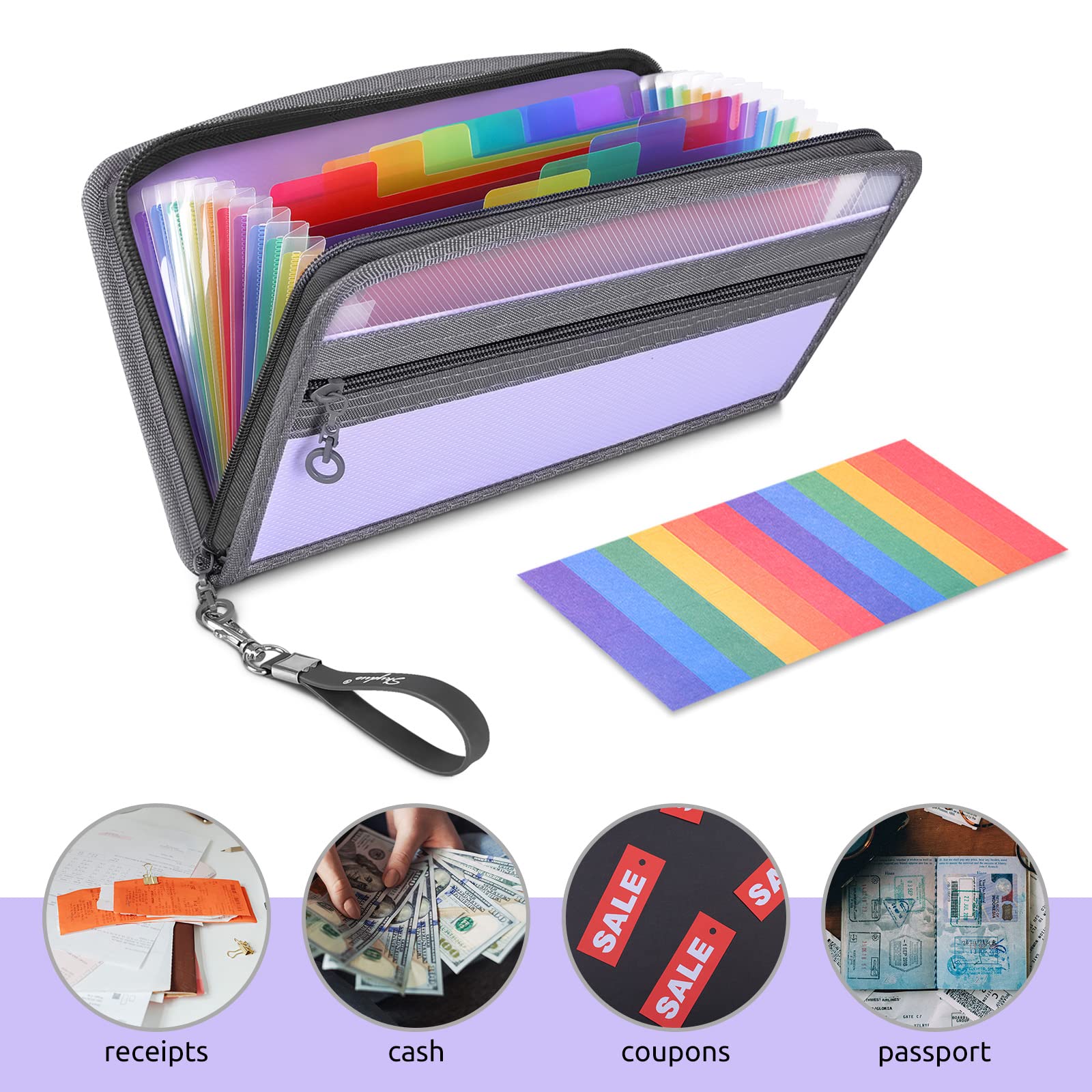 SKYDUE Small Accordion File Organizer, Receipt Coupon Organizer, Holds 9-1/2"x 4-1/2", 13 Pockets File Folder for Small Business, Zipper Closure, Purple