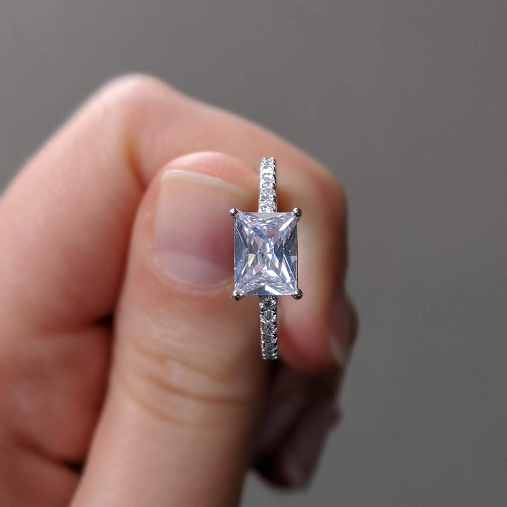 TwoBirch East West Baguette Cut Prong Set Engagement Ring in 18k White Gold Plated Sterling Silver and Cubic Zirconia (Size 8)
