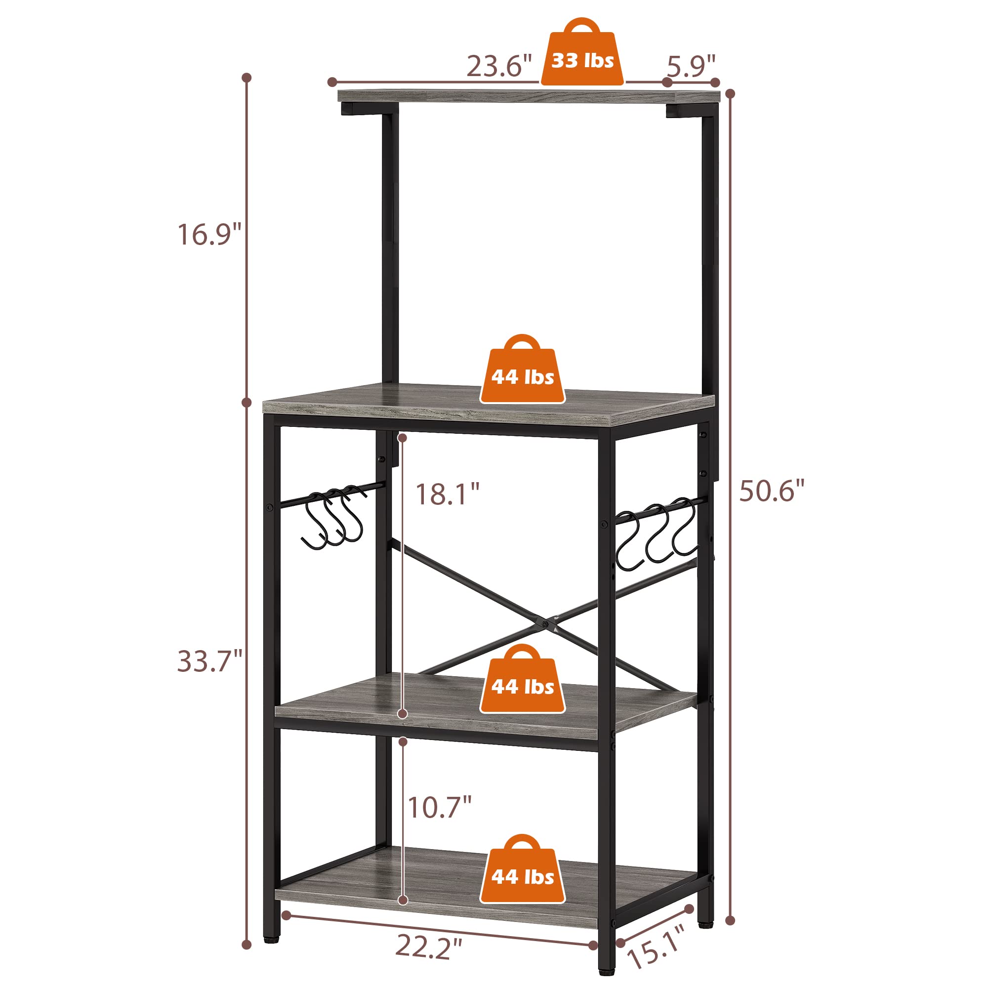 SUPERJARE Kitchen Bakers Rack, 4-Tier Coffee Bar Table, Kitchen Microwave Stand with 6 S-Shaped Hooks, Kitchen Storage Shelf Rack for Spices, Pots and Pans - Rustic Brown