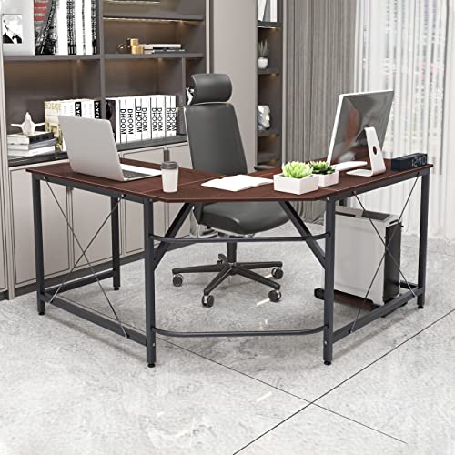 sogesfurniture 59" Large L-Shaped Desk Corner Table Computer Desk Workstation Desk PC Laptop Office Desk L Desk, Walnut