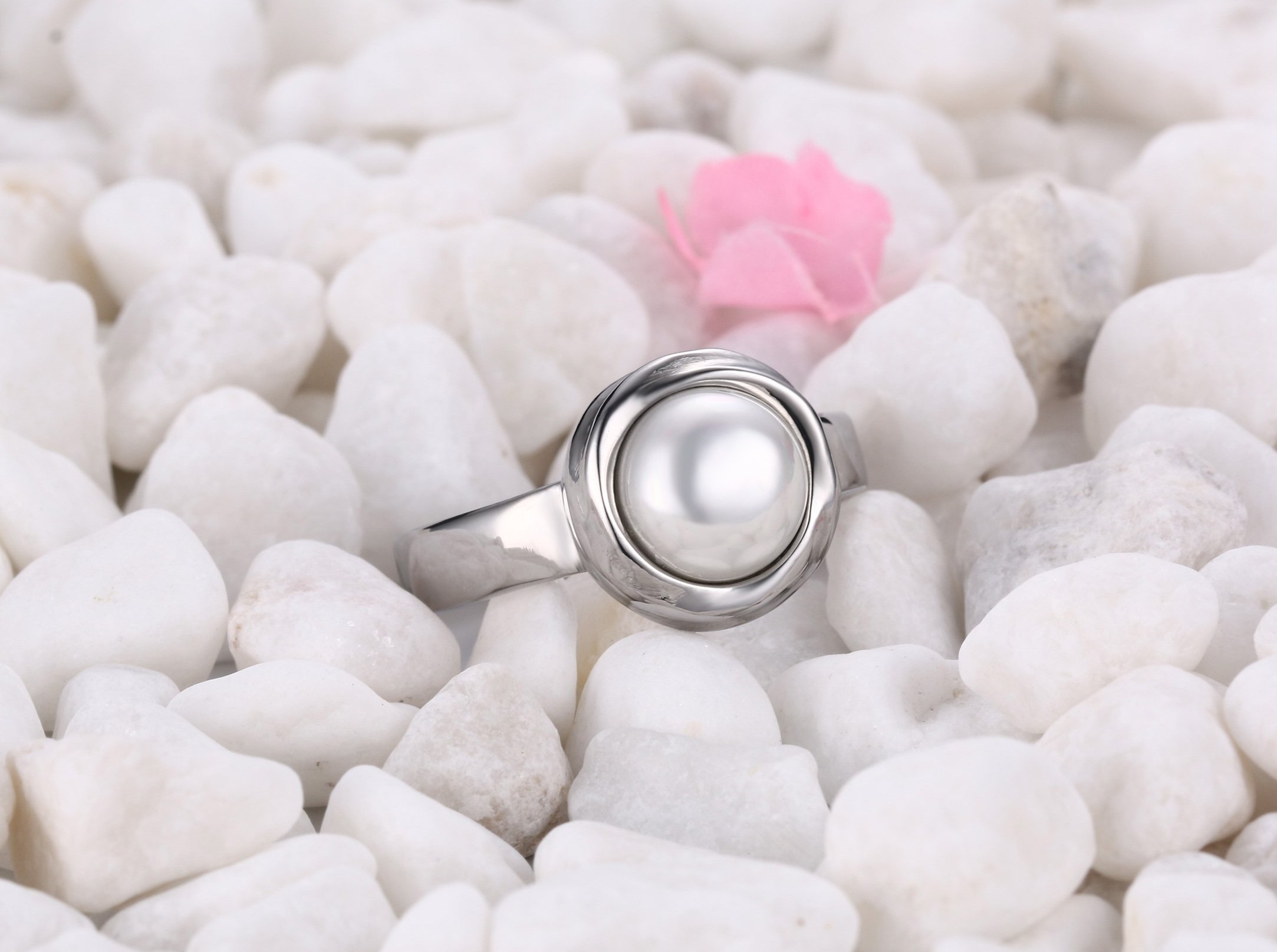 Stainless Steel Pure white Freshwater Cultured Pearl Engagement Band Ring for Women,Size 7-9 (7)