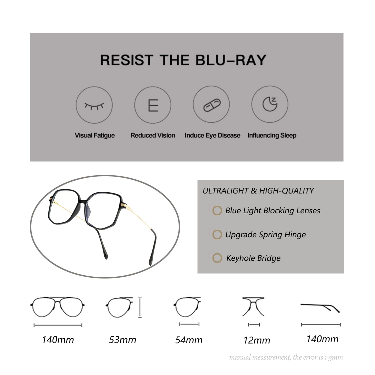 Teumire Classic Fake Nerd Glasses for Women Men Clear Lens Semi Rimless Eyeglasses (Bright Black Frame)