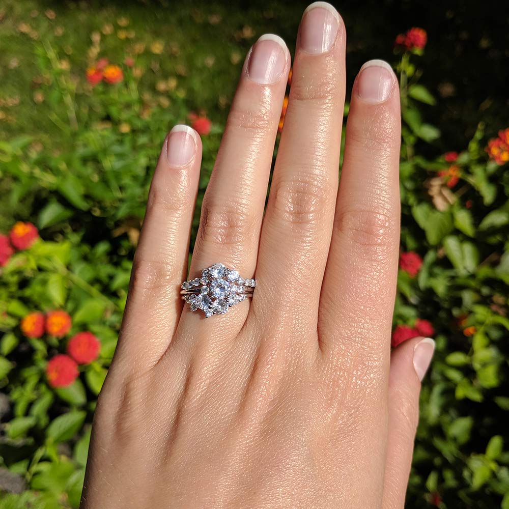 TwoBirch Floral Design Ying Yang Ring Guard and Engagement Ring Bridal Set (2 Rings) Diamond Simulant White Gold (Size 9)