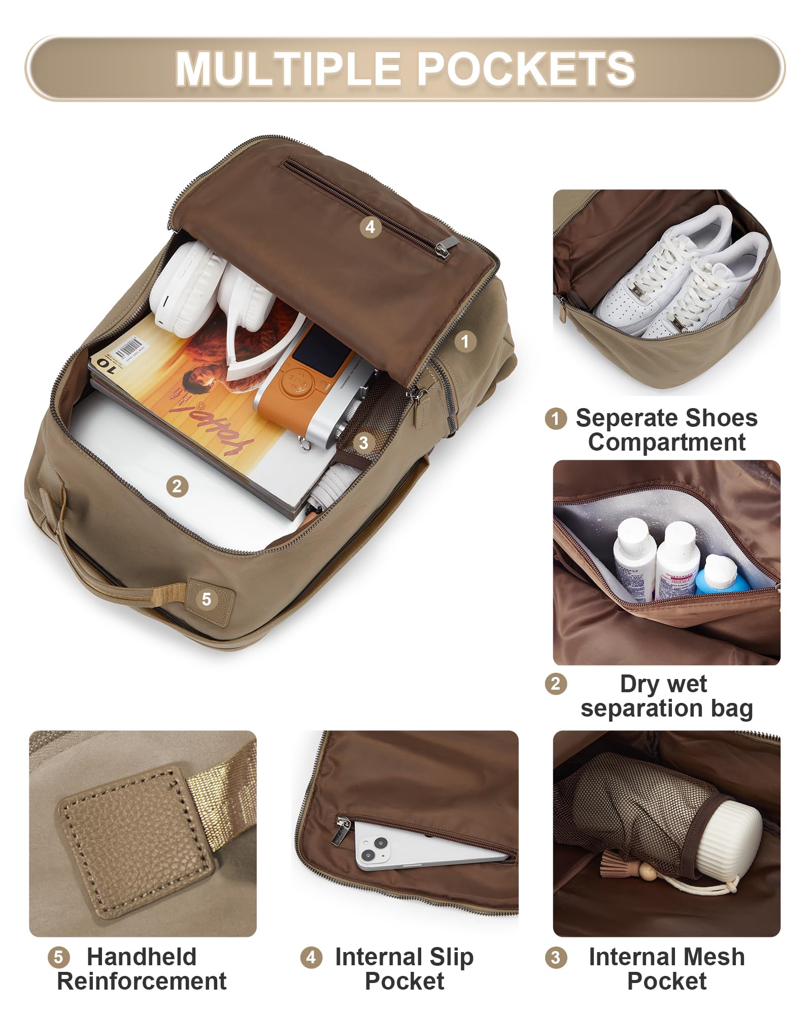 VENATIN Gym Backpack for Women Waterproof Small Gym Bag With Shoe Compartment Sports Essentials Backpack with Wet Dry Pocket,Khaki