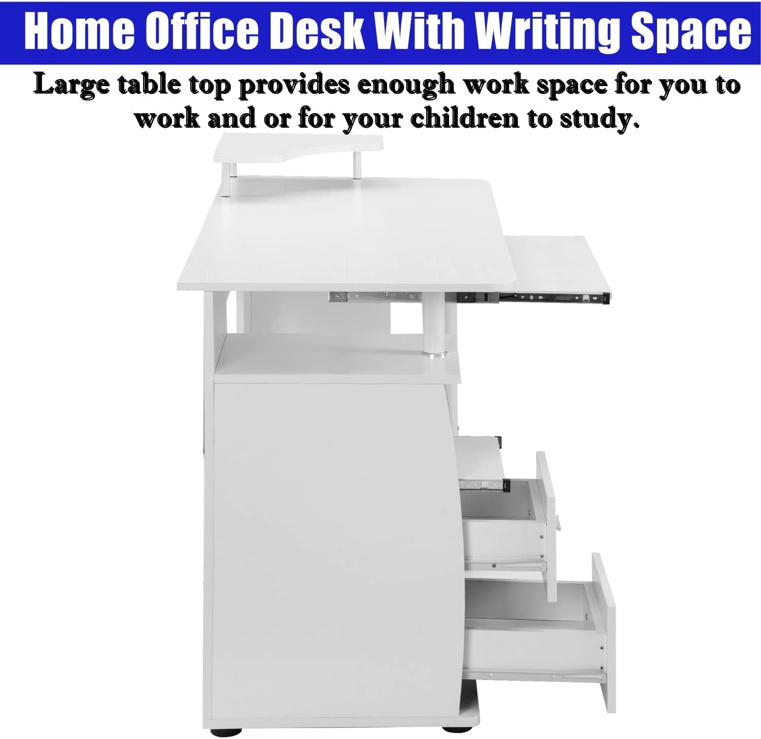 TenouvosĀ Best Computer Desk Writing Study Desk,Modern Style Home Office Desk,Laptop PC Table Workstation with 2 Drawers,CPU Pedestal,Shelf and Pull-Out Keyboard Tray,Quick Assembly (White)