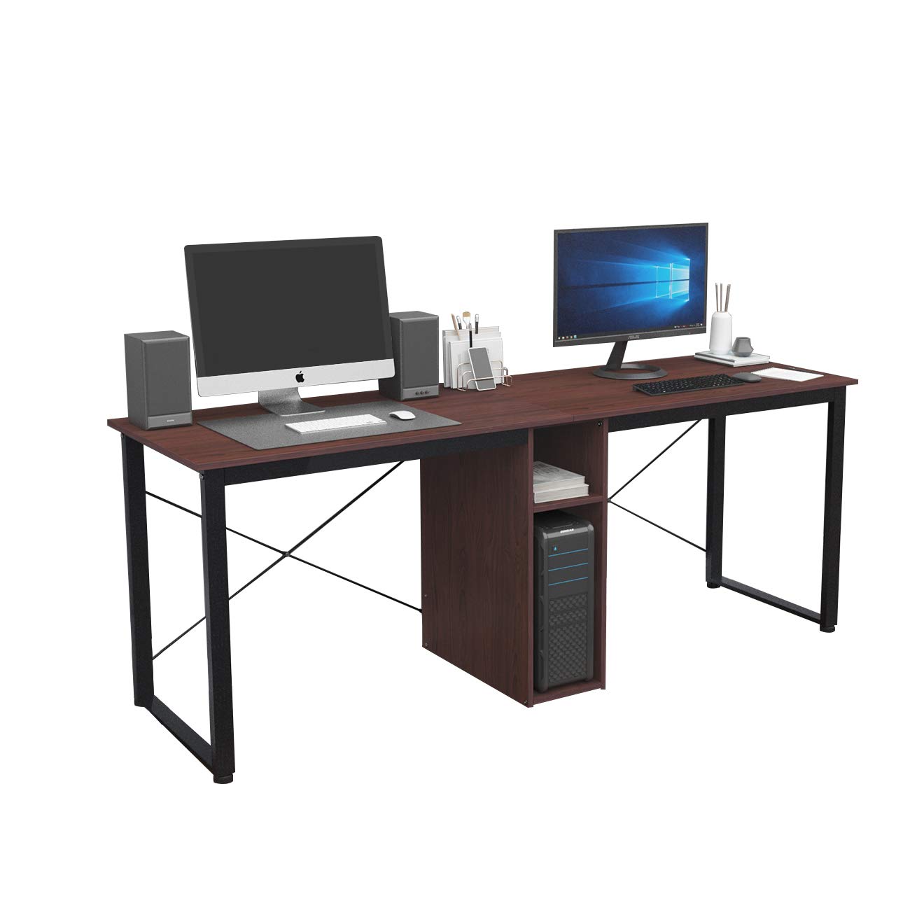 SogesHome Large Double Workstation Desk 2 Person Computer Desk Writing Desk Home Office Desk with Storage Shelf, Walnut, LD-H01-WA