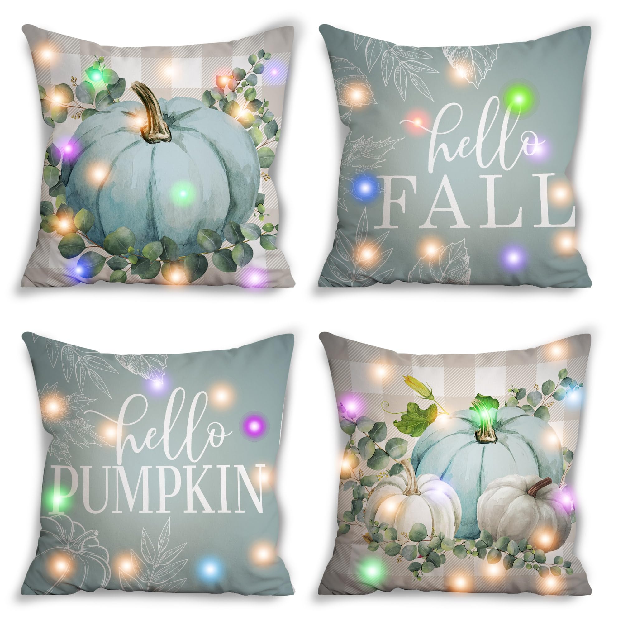 Thanksgiving Decorations Lighted Blue Pumpkin Thanksgiving Fall Pillow Covers 18x18, LED Blue Fall Decor Light up, Farmhouse Decorative Pillow Cover Set 4, Home Decor for Indoor Couch (Aqua/Teal)