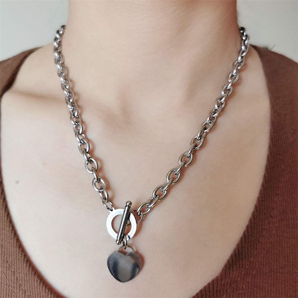 WangGao Elegent Love Stainless Steel Link Chain Blank Heart Charms Necklace for Women Toggle Clasp Closure,Silverā¦