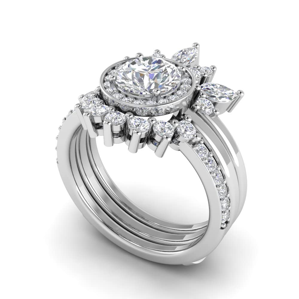TwoBirch Sterling Silver Cubic Zirconia Delicate Tiara Floral Design Border Ring Guard Round Halo Engagement Ring CZ Duo Stackable Ring Set (Size 7)