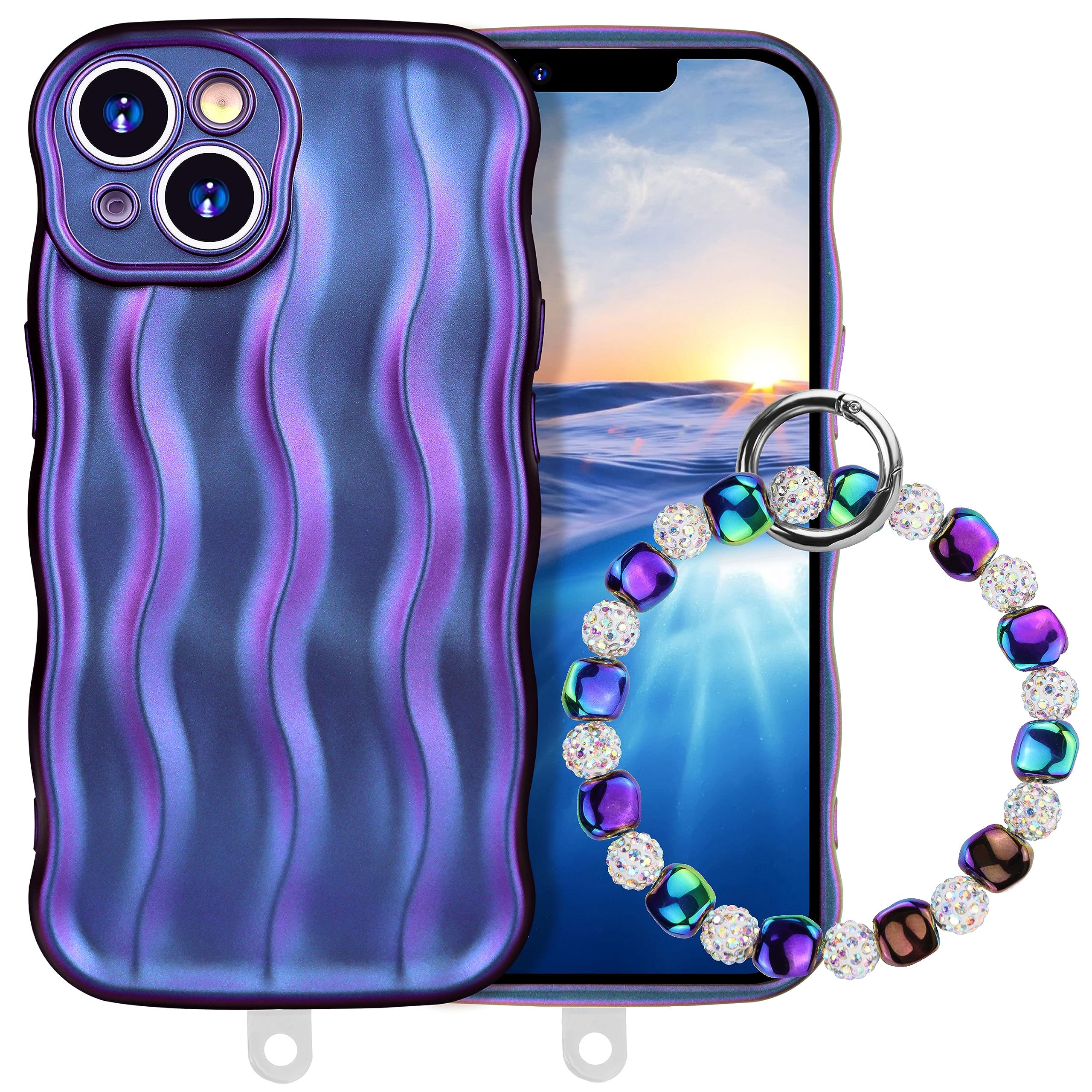 Ucharmbead Compatible with iPhone 14 Pro Phone Case with Phone Wrist Strap Cell Phone Chain Beaded Charms Lanyard Water Ripple Design Soft Cover for Women Purple