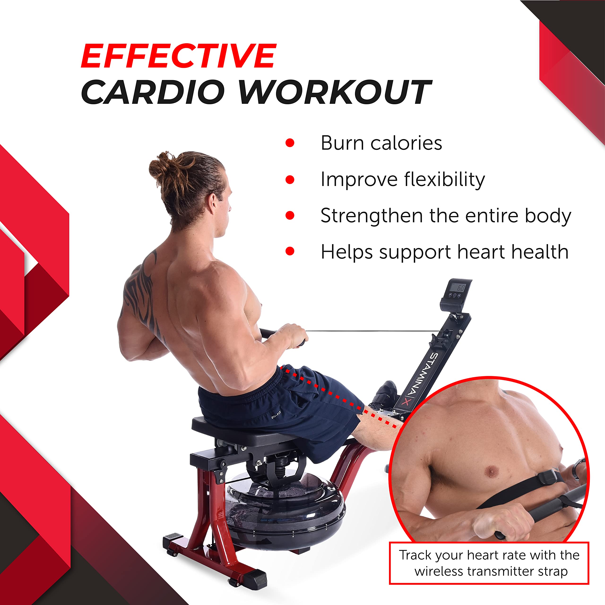 Stamina X Water Rower - Rower Machine with Smart Workout App - Rower Workout Machine with Dynamic Water Resistance - Rowing Machine for Home Gym - Up to 300 lbs Weight Capacity