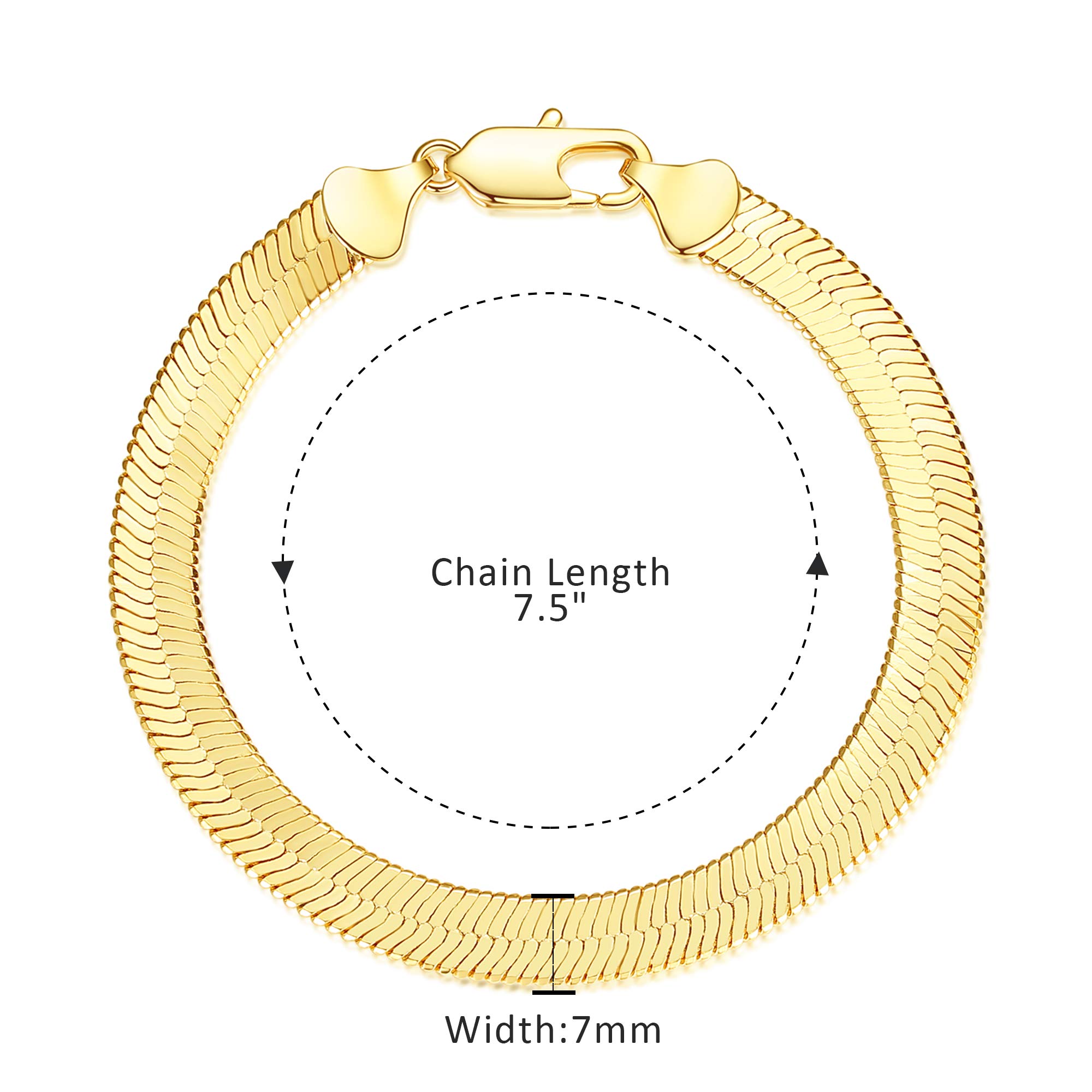 Wowshow Real Gold Plated Snake Chain Bracelet 7MM Flat Herringbone Chain Link Bracelet for Women