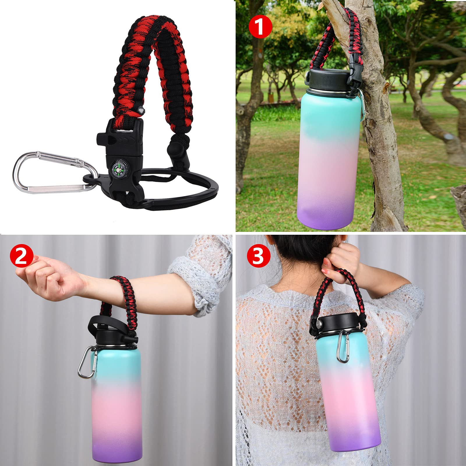 Wongeto Paracord Handle- Survival Strap Cord with Safety Ring and Carabiner - Compatible with Hydro Flask Wide Mouth Water Bottles 12oz - 64 oz Sport Water Bottle Strap Carrier(Red&Black)