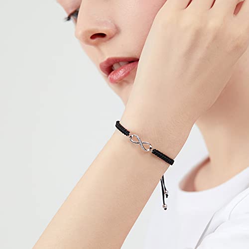 ZENI Infinity Bracelet for Women, Handmade Black Rope Braided Bracelet with 925 Silver Adjustable Bracelet Love Friendship Jewelry Gift