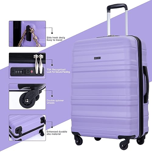 Tripcomp 3 Piece Luggage Sets, PC Lightweight Expandable Suitcase with Two Hooks, Spinner Wheels, TSA Lock, Purple (20/24/28)