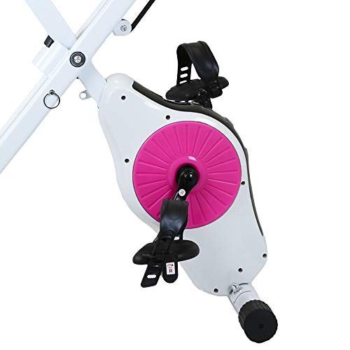 Xspec Indoor Foldable Stationary Upright Exercise Cardio Workout Cycling Bike with 16 Level Resistance & Arm Resistance Bands, Magenta