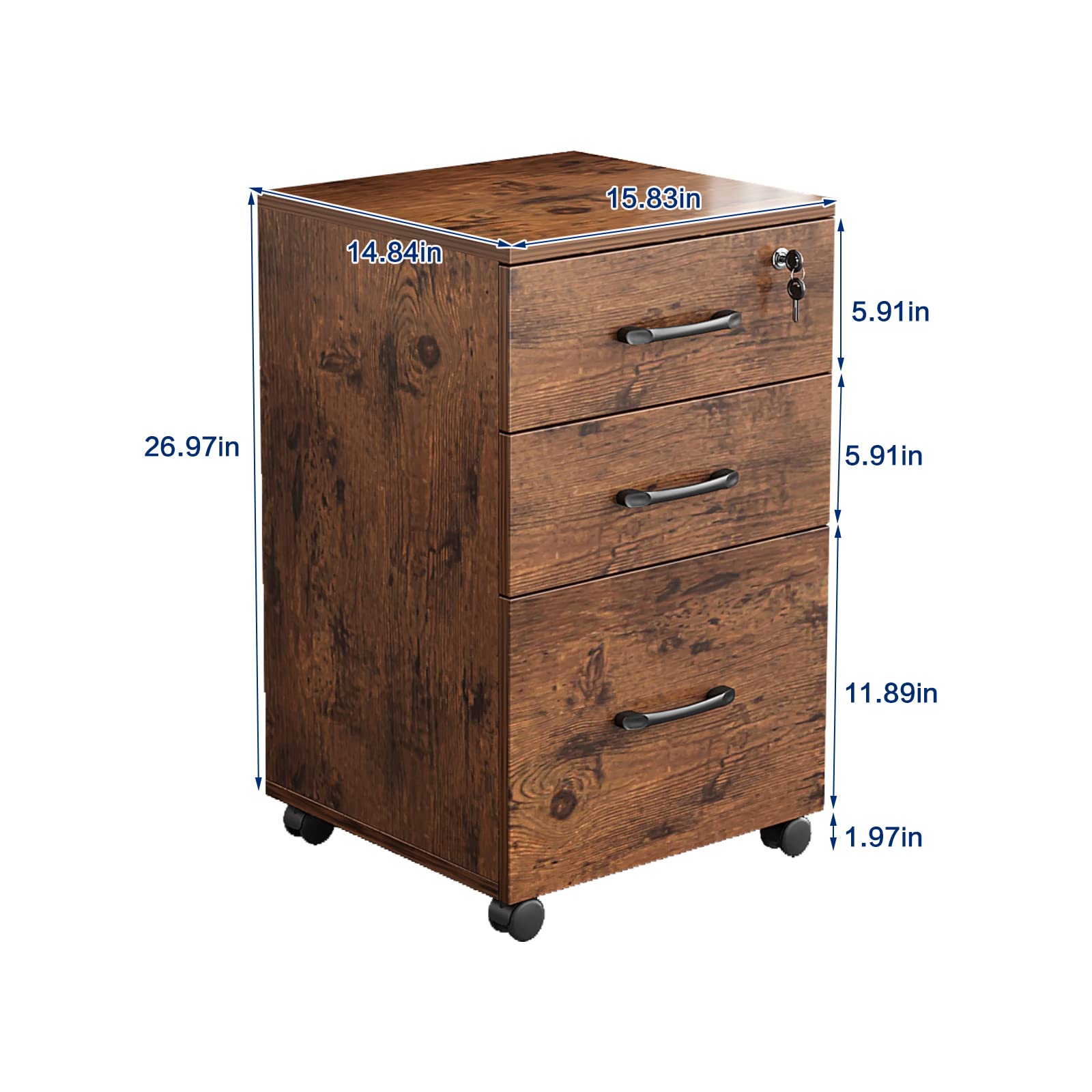 YQ JENMW File Cabinet 3 Drawers with 1 Lock, Wooden Rolling Mobile Filing Cabinet, Under Desk File Cabinet with Wheels, Removable File Cabinet for Home Office,Office Storage Cabinet Under Desk,Brown