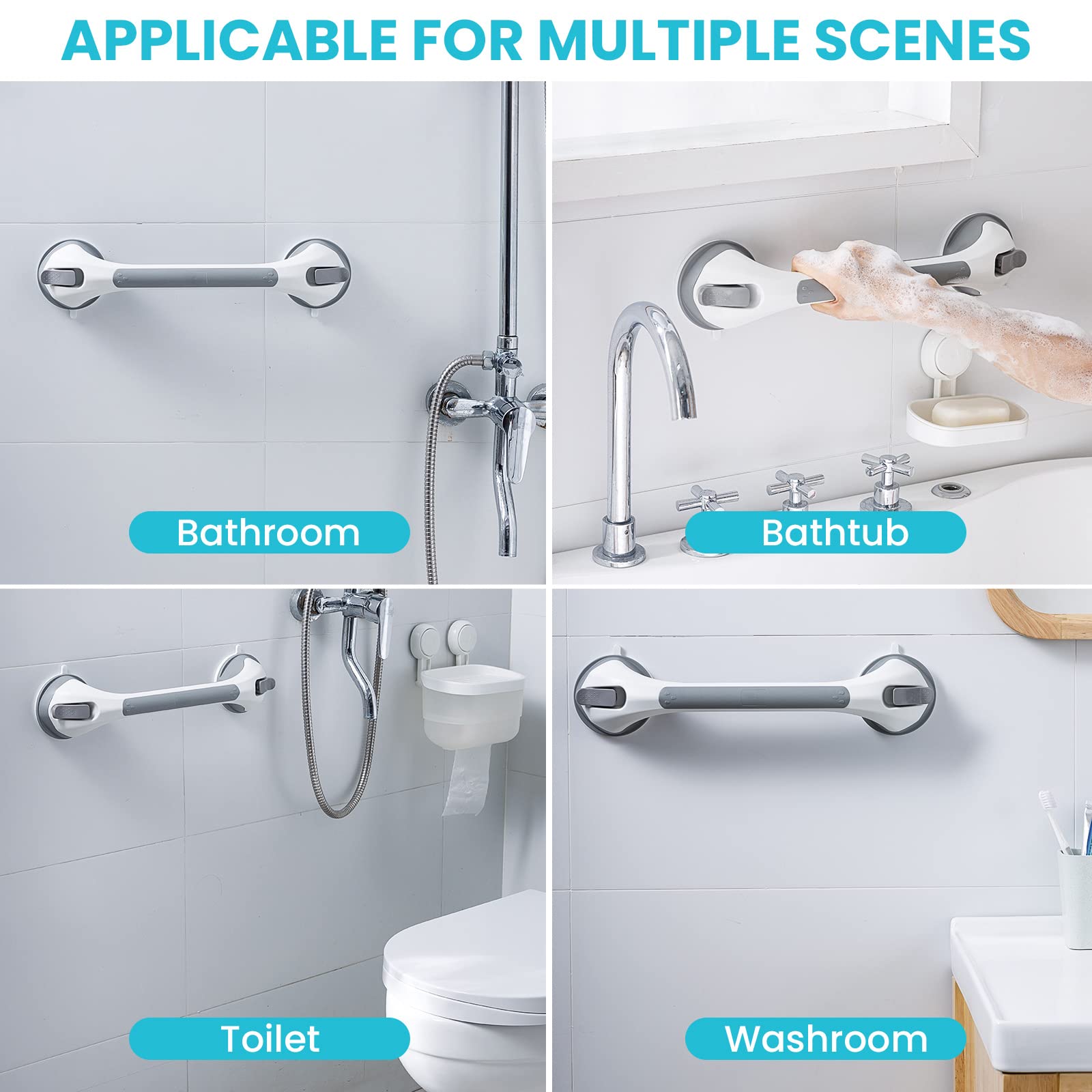 TAILI Shower Grab Bar 16 Inch Suction Cup Grab Bars for Bathroom & Shower, Removable Shower Safety Handle Heavy Duty Bathtub Grip for Seniors & Elderly, Strong Handrails No Drilling Waterproof, Grey