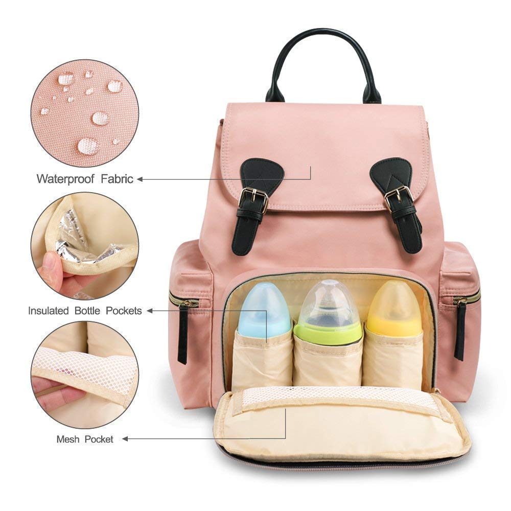 Vogshow Waterproof Diaper Bag, Multifunction Stylish Travel Backpack with 2 Stroller Hooks, Pink