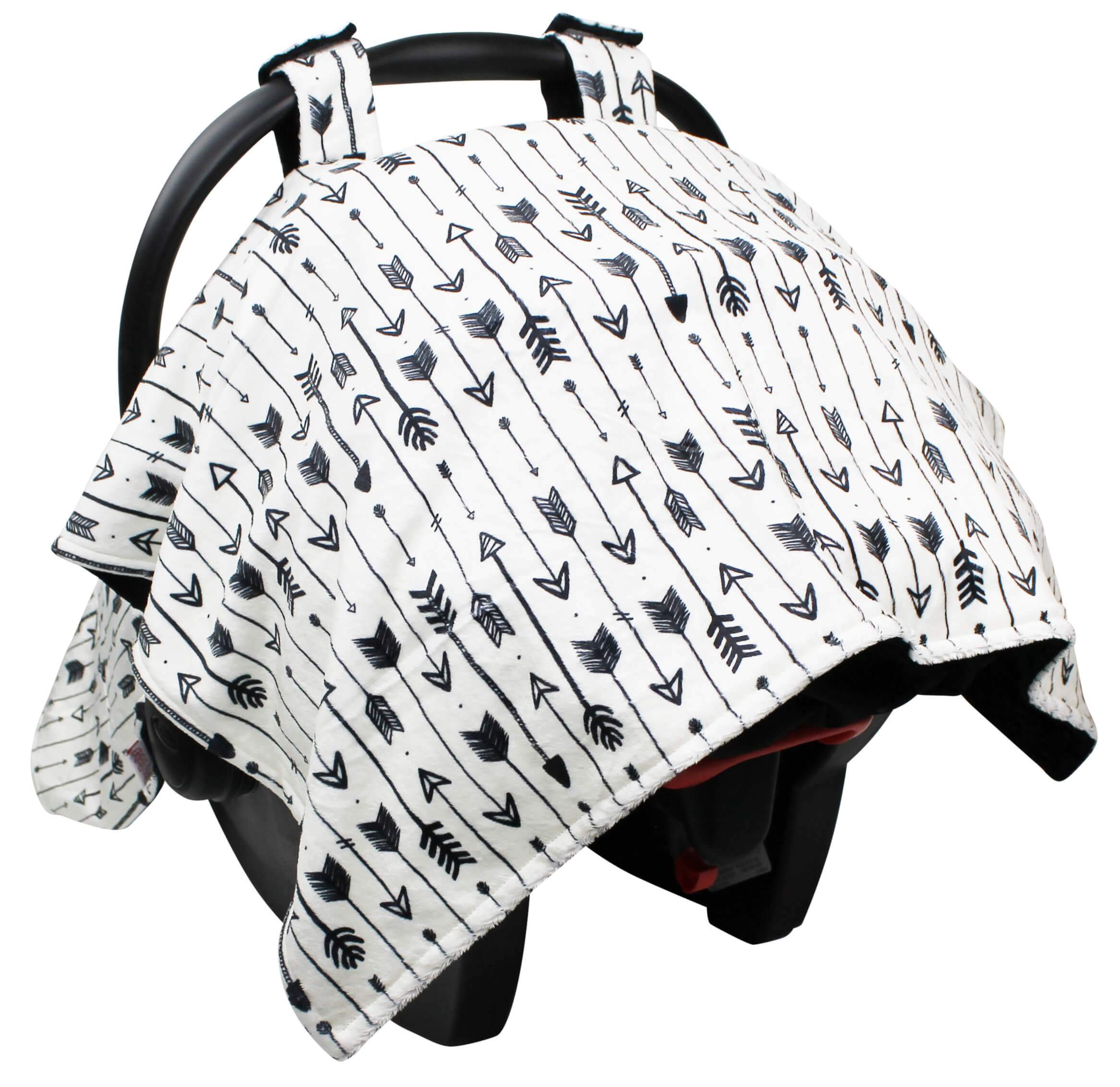 Top Tots Baby Car Seat Canopy Cover - Black Native Arrows on White