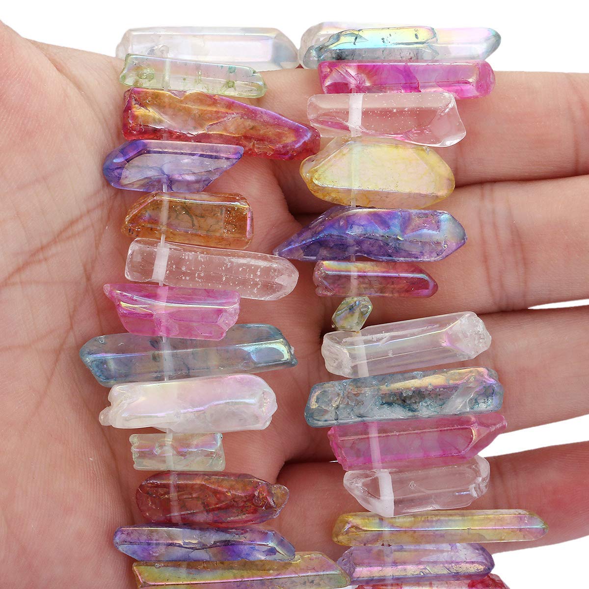 TUMBEELLUWA Rock Quartz Crystal Points Loose Beads for Jewelry Making, Titanium Coated Polished/Raw Quartz Points Beads 15 Inches Top Drilled,Multi-color Crystal Points(0.5"-1.6")