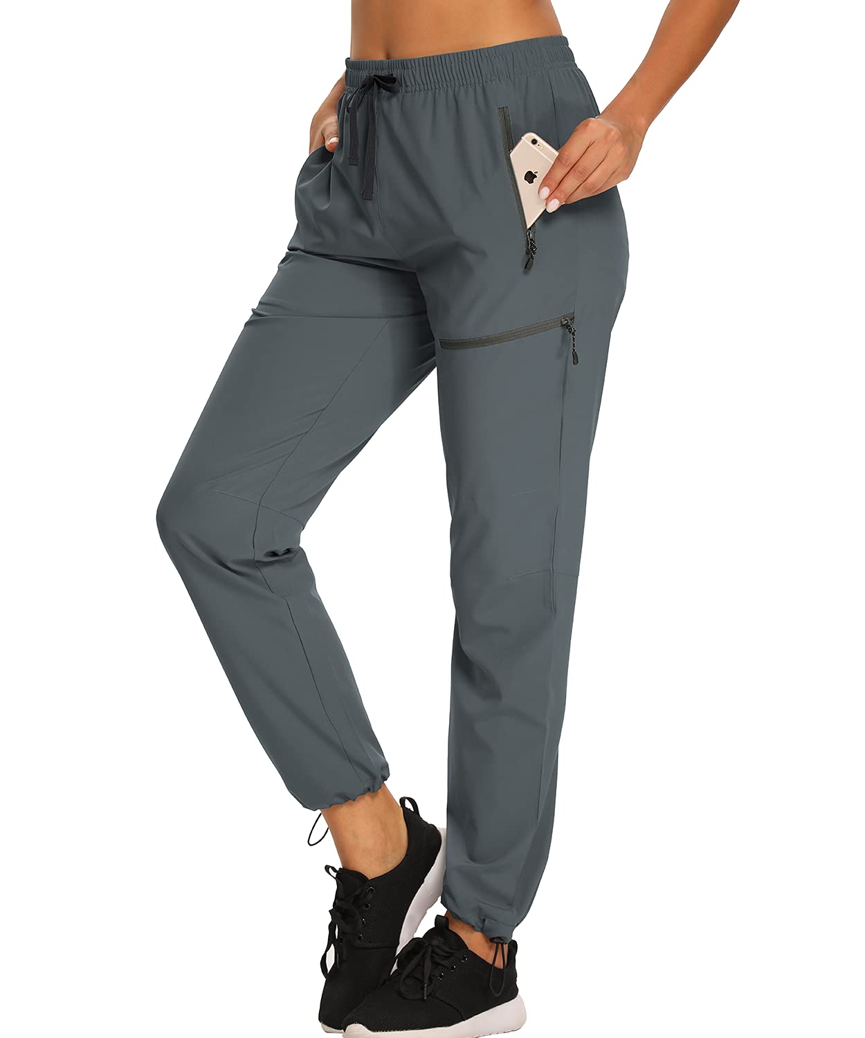 Xtansuo Women's Hiking Fishing Pants Lightweight Trail Camping Water Resistant Elastic Waist Quick Dry UPF 50 Outdoor UV Running Drawstring Climbing Mountain Jogger with Zipper Pocket Black M