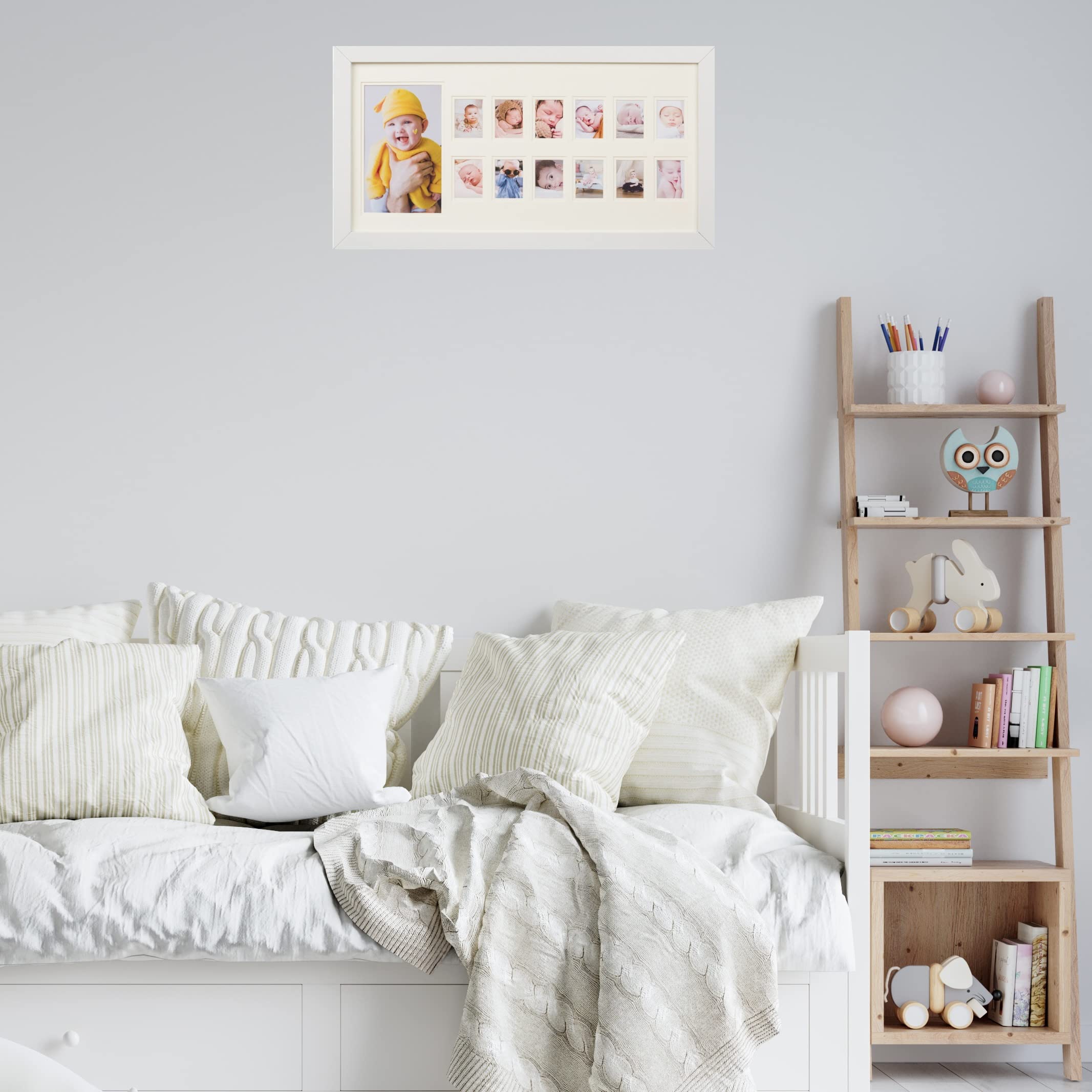 WOOD SIDE ORBIS My First Year Photo Moments Baby Keepsake Frame with Double Mat, Stand and Hangers, Gift for Mother or Parents - White