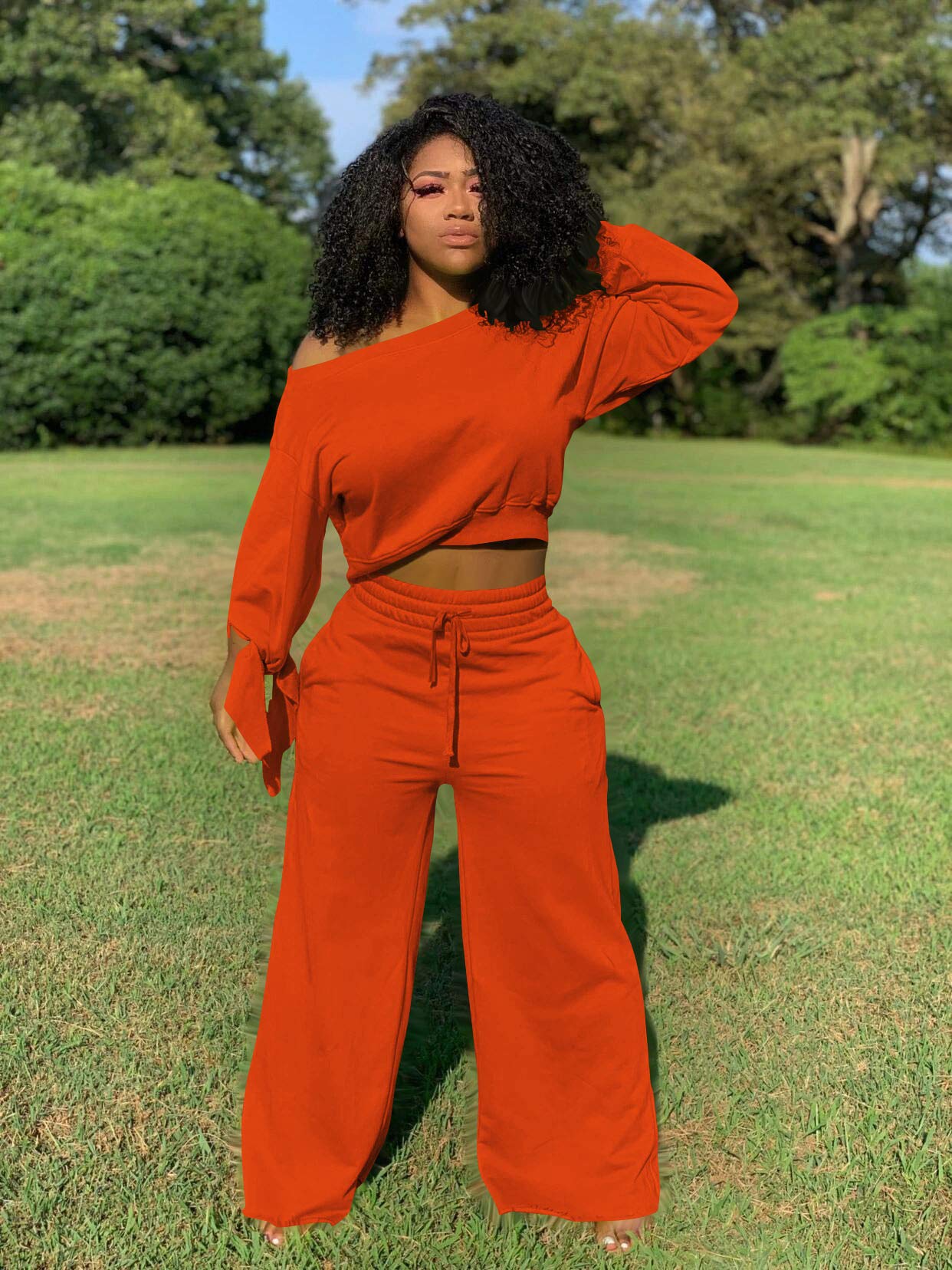 TOPSRANI Women's 2 Piece Outfits Casual Solid Sweatsuits Baggy Long Sleeve Loose Matching Wide Leg Tracksuit Pants Sets Orange L