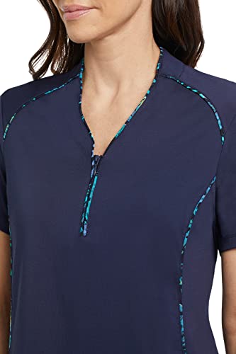 Tribal Women's S/S V Neck Zip UP TOP W/FRT Piping DTL-Nautical, Medium