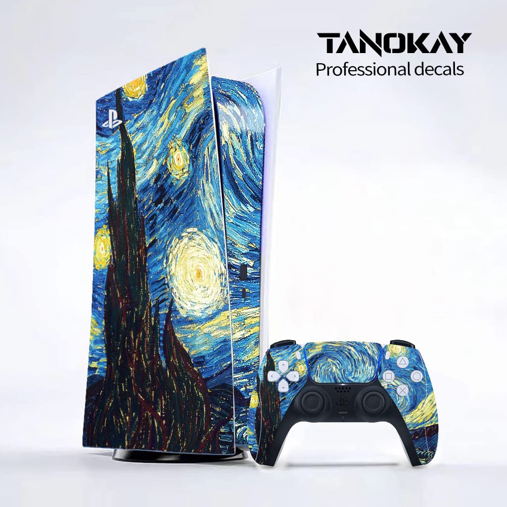 TANOKAY PS5 Console Skin and Controller Skin Set | Painting Starry Night Van Gogh | Matte Finish Vinyl Wrap Sticker Full Decal Skins | Compatible with Sony Playstation 5 Disc Version