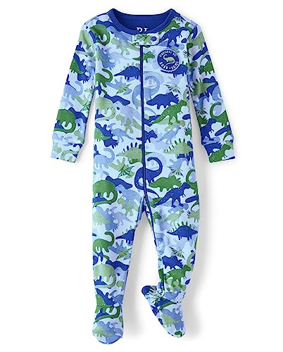 The Children's Place Baby Boys' and Toddler Snug Fit 100% Cotton Zip-Front One Piece Footed Pajama, Dino Camo