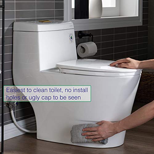 WOODBRIDGEE One Piece Toilet with Soft Closing Seat, Chair Height, 1.28 GPF Dual, Water Sensed, 1000 Gram MaP Flushing Score Toilet with Brushed Gold Button T0001-BG, White