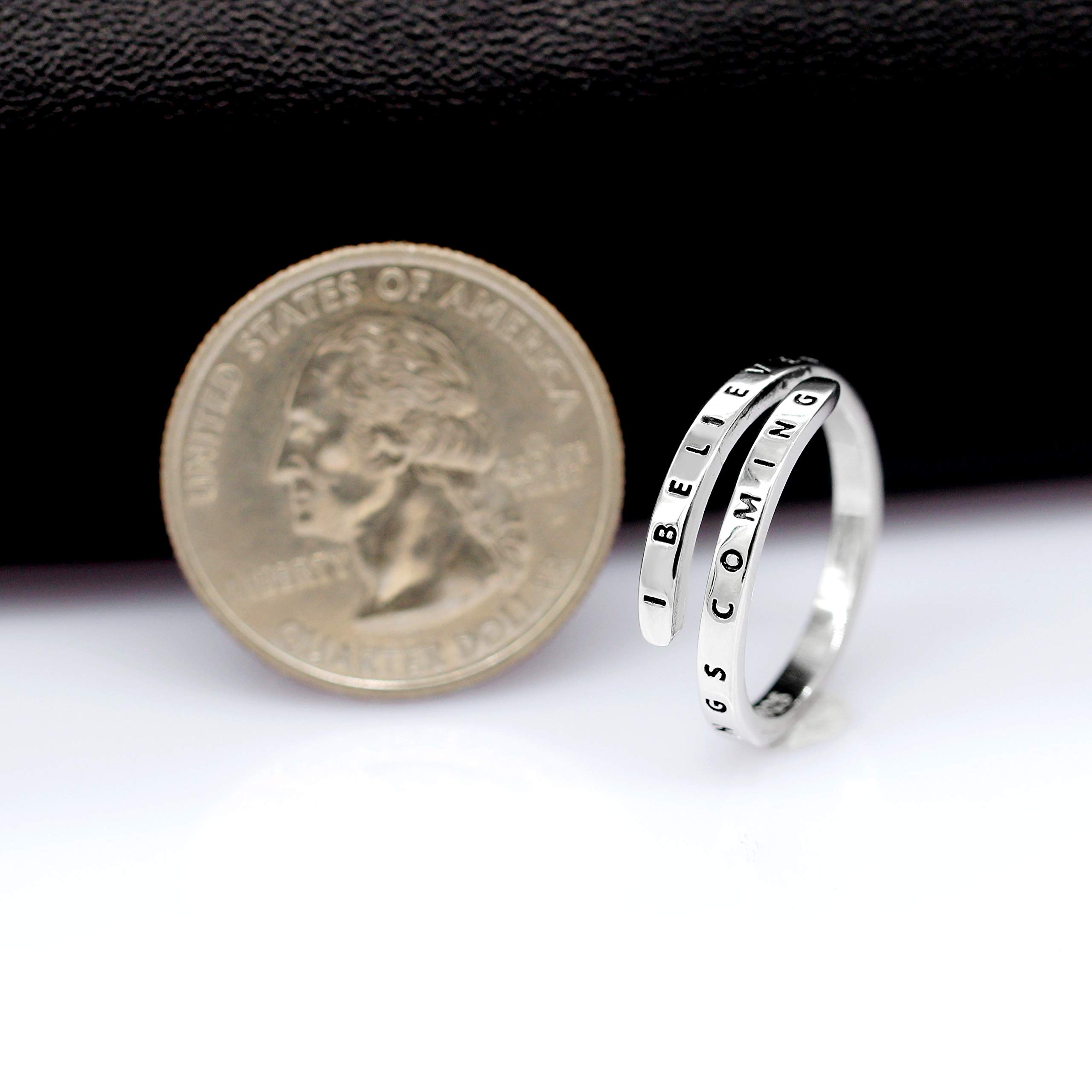 Uloveido Adjustable 925 Sterling Silver Inspirational Ring, I Believe Open Wrap Band Rings Y550 (Platinum)