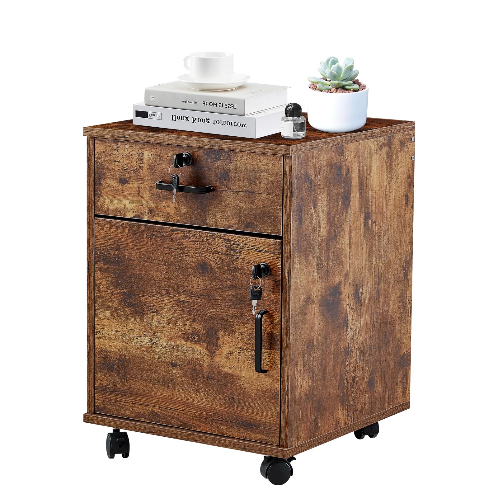 TUKAILAi Mobile File Cabinet with Lockable Drawer & Door, Under Desk Rolling Filing Cabinet with 4 Wheels, Wooden Stationery Storage Cabinet for Home Office (Rustic Brown)