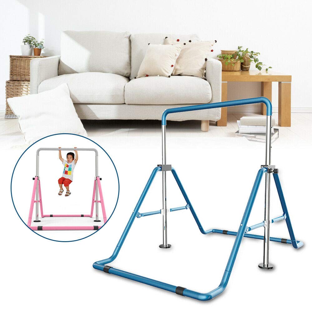 TFCFL Kids Gymnastic Horizontal Bar, Blue/Pink Gymnastics Horizontal Bars Adjustable Folding Gymnastics Garden Bar Home Sports Training Equipment Height Adjustable (Blue)