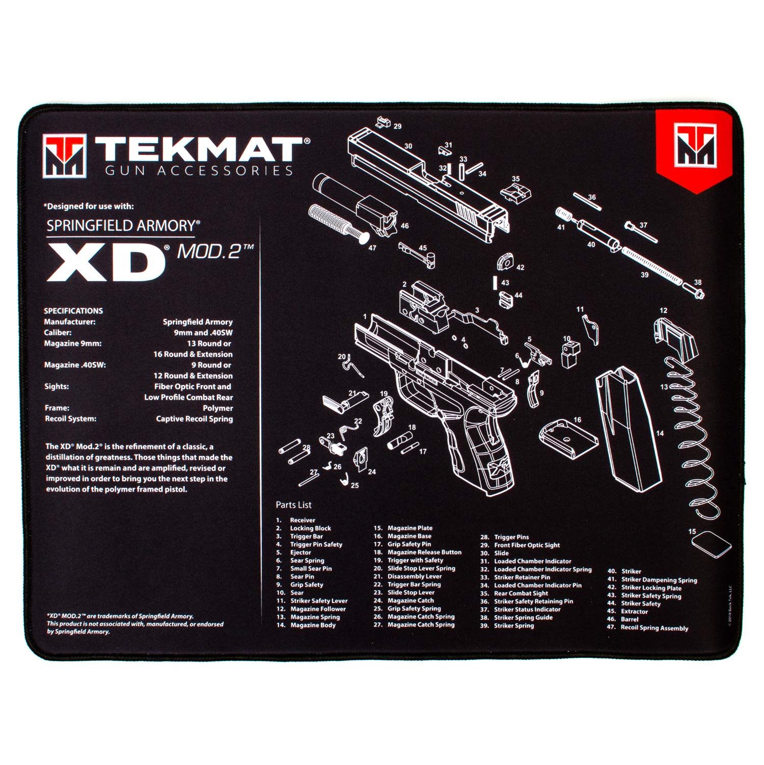 TekMat Handgun Ultra 20 Premium Springfield XD Mod 2 Cleaning Mat, Black, 15" x 20"