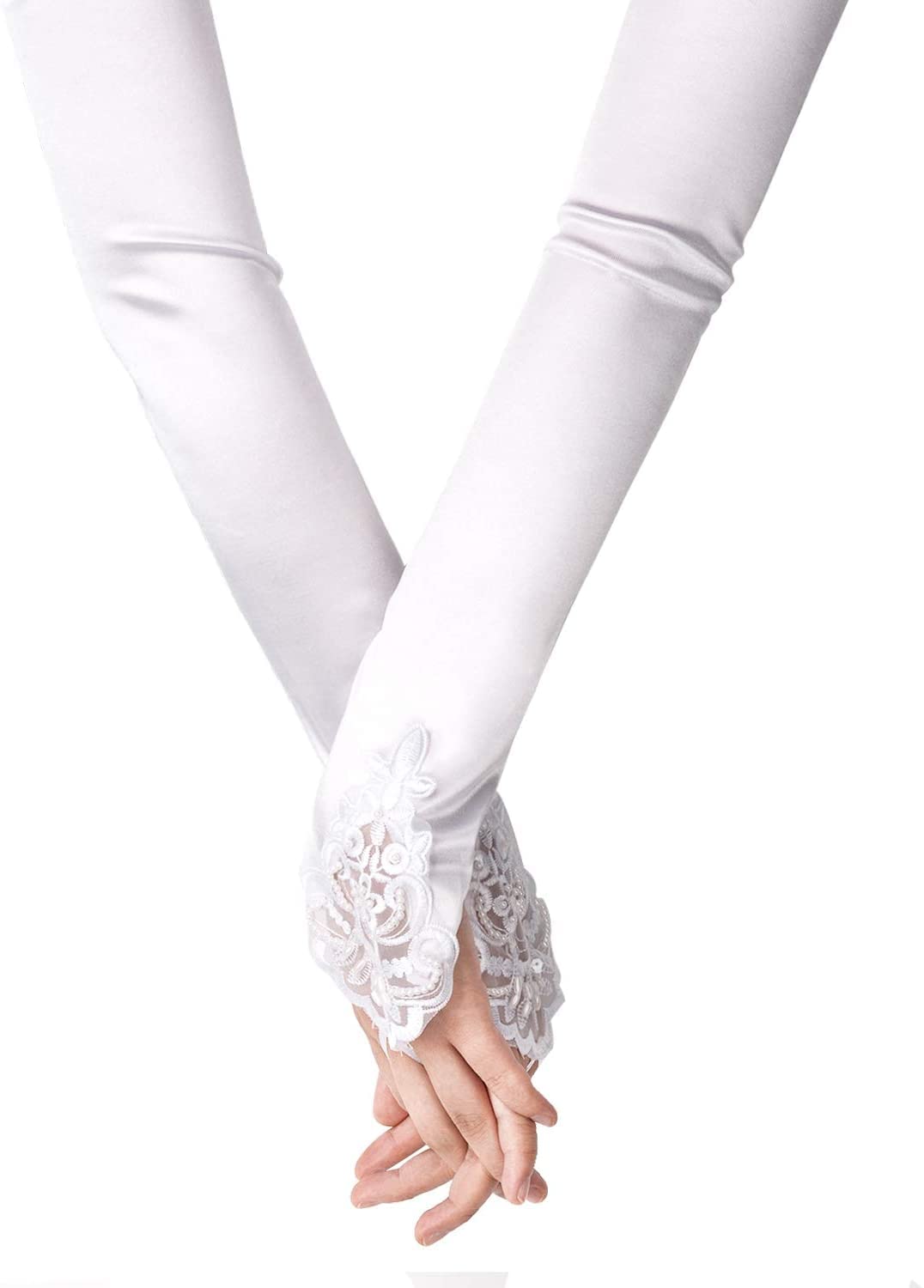 SAVITA Fingerless Long White Gloves Pierced Elbow Length Satin Gloves 19" Stretchy Opera Evening Party 1920s Gloves for Women